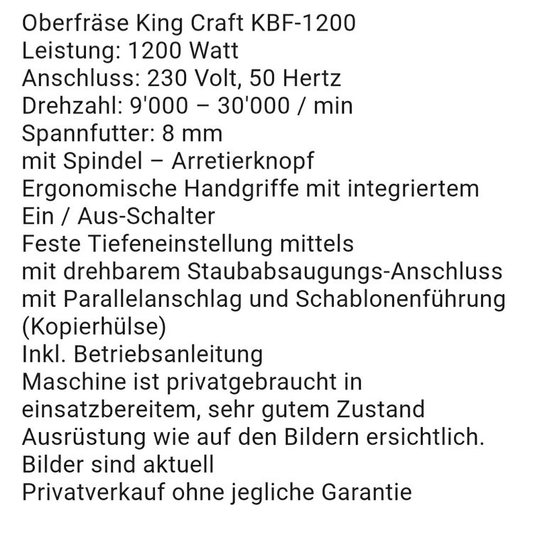 king craft Oberfräse KBF 1200 (Neu (gemäss Beschreibung)) in für CHF 60 – mit Lieferung auf ...