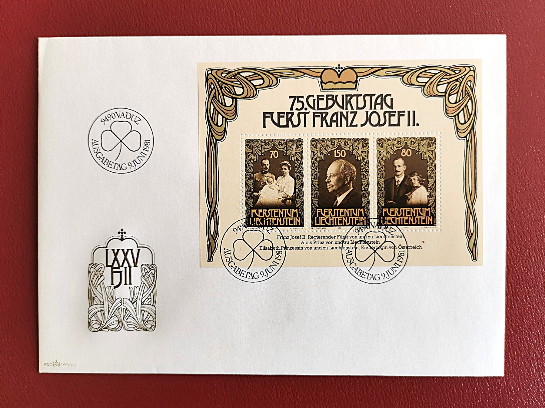 FDC 75. Geburtstag von Fürst Franz Josef II. (Gebraucht) in Lichtensteig für CHF 2 – mit ...