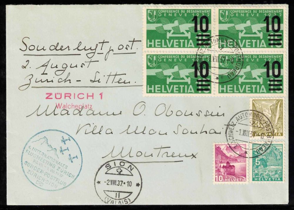 1937 Flugpost F20a im 4er-Block mit Zusatzfrankatur (Neu (gemäss Beschreibung)) in Nuglar für ...