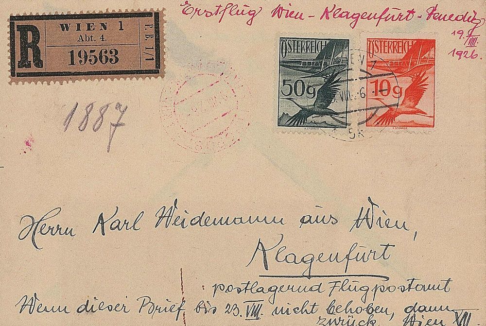 Österreich: 19.8.1926, Wien - Klagenfurt, rs. AK-Stempel (Gebraucht) in Wenslingen für CHF 50 ...