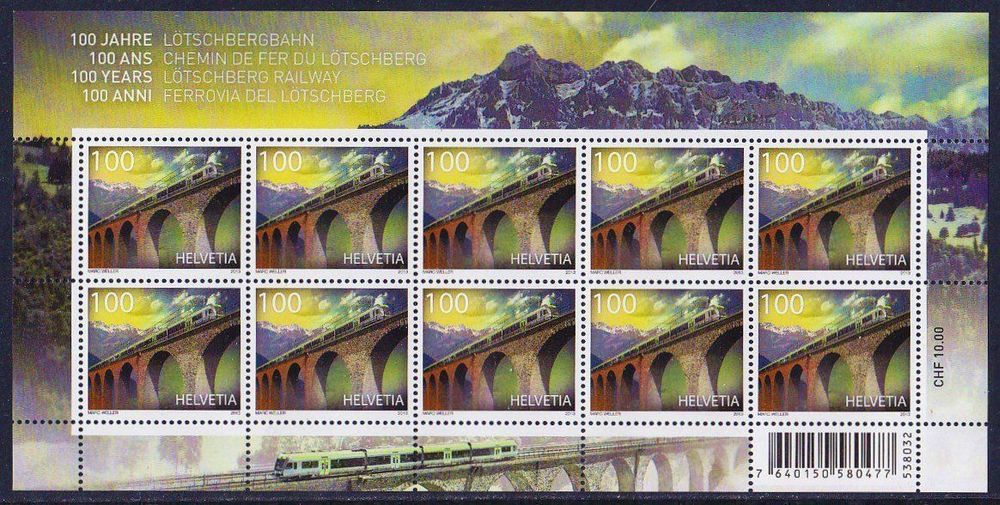 2013 Kleinbogen ** Postfrisch ** 100 JAHRE Lötschbergbahn (Neu (gemäss Beschreibung)) in ...