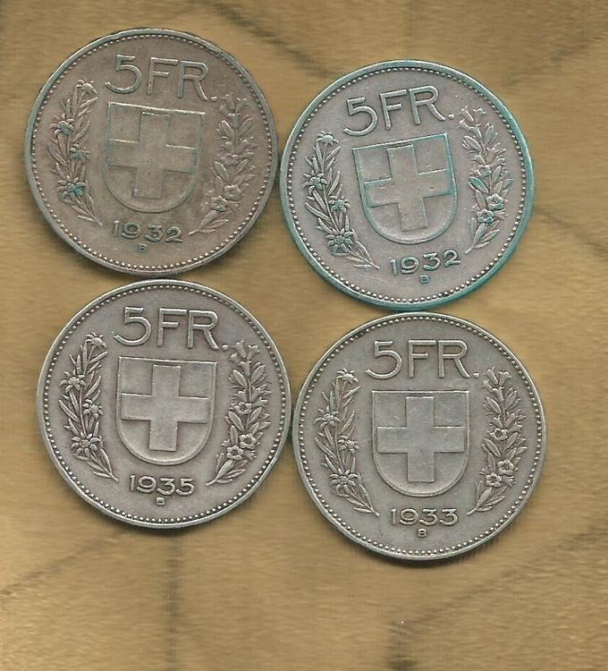 Schweiz, Lot 5 Fr. 4 Stk. 1932 x2 /1933/1935 Erh. s.scan (Gebraucht) in Caslano für CHF 35 – mit ...