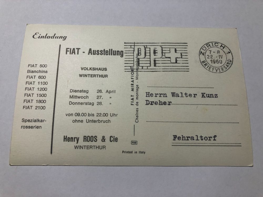 Fiat Ausstellung Henry Roos & Cie Winterthur 1960 | Kaufen auf Ricardo