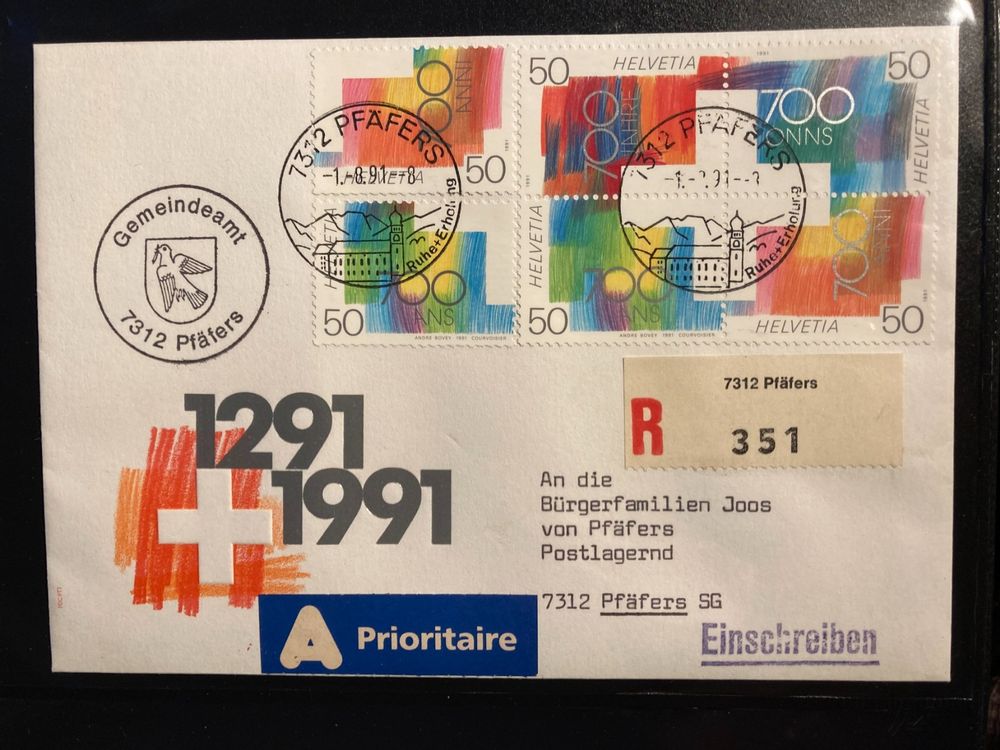 Schweiz 1991 R-Brief 4er-Block 700 J. Pfäfers SSt 1.8. (Gebraucht) in Liestal für CHF 3 – mit ...