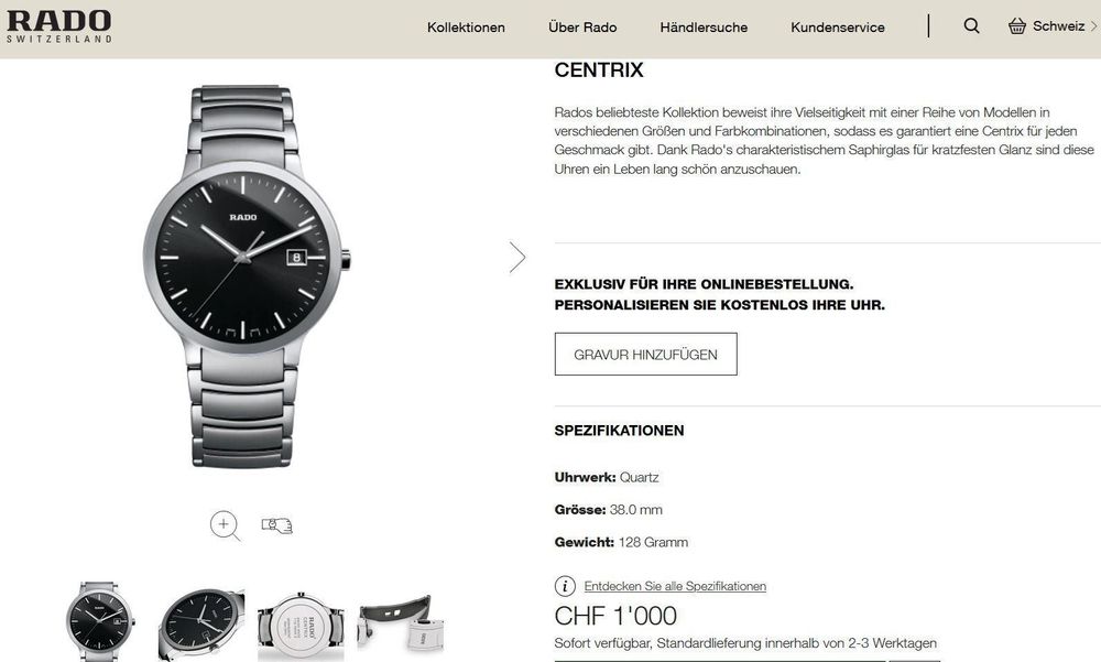 RADO Centrix (Neu und originalverpackt) in Losone für CHF 500 – mit ...