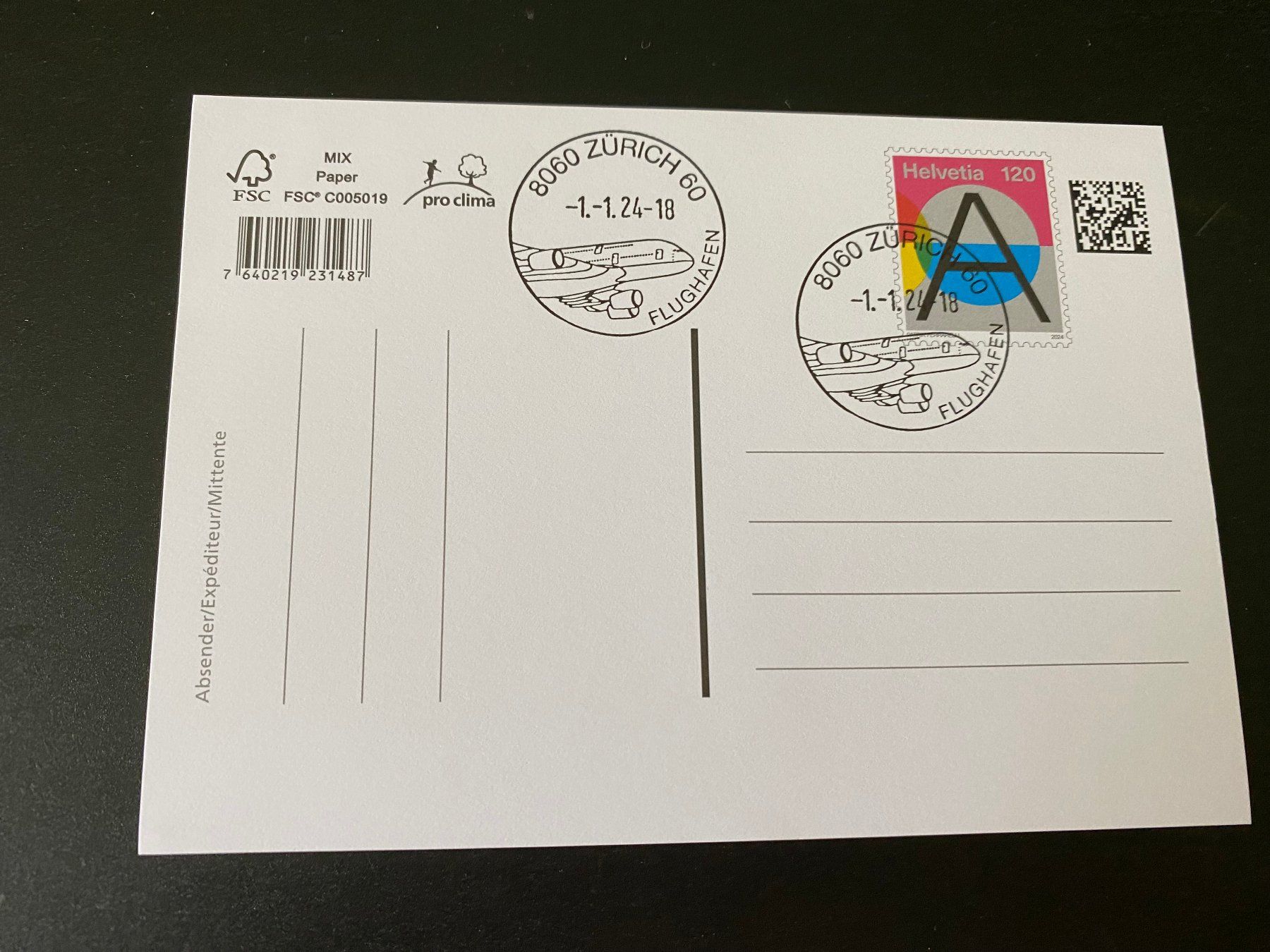 2024 Postkarte A-Post AgTg 1.1.24 Flughafen Zürich (Neu (gemäss ...
