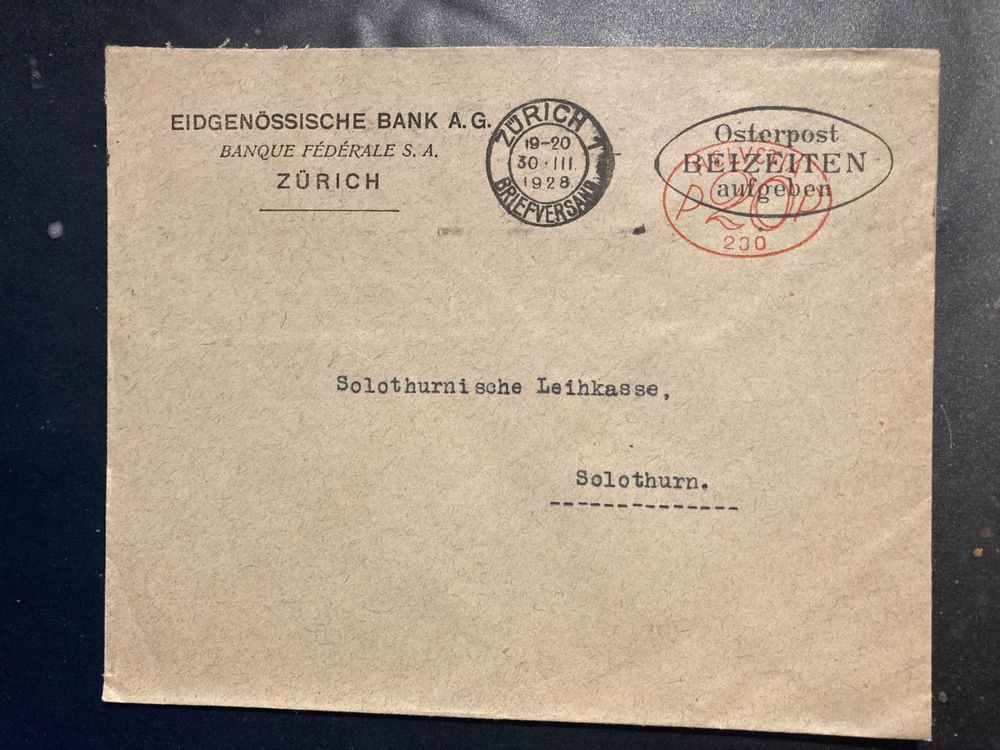 Schweiz 1928 20 Porto-Stempel 230 Brief Eidg. Sol. Leihkasse (Gebraucht) in Liestal für CHF 2 ...