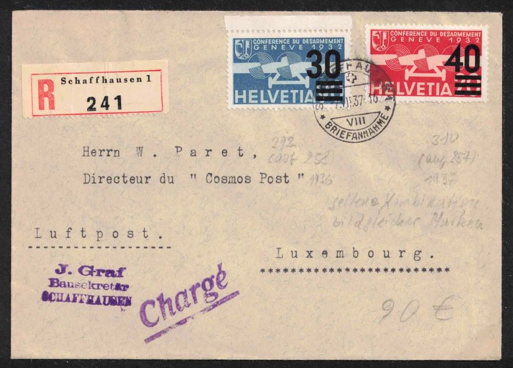 1937, Flugpostbrief nach Luxembourg, ab 1.- (Neu (gemäss Beschreibung)) in Nuglar für CHF 1 ...