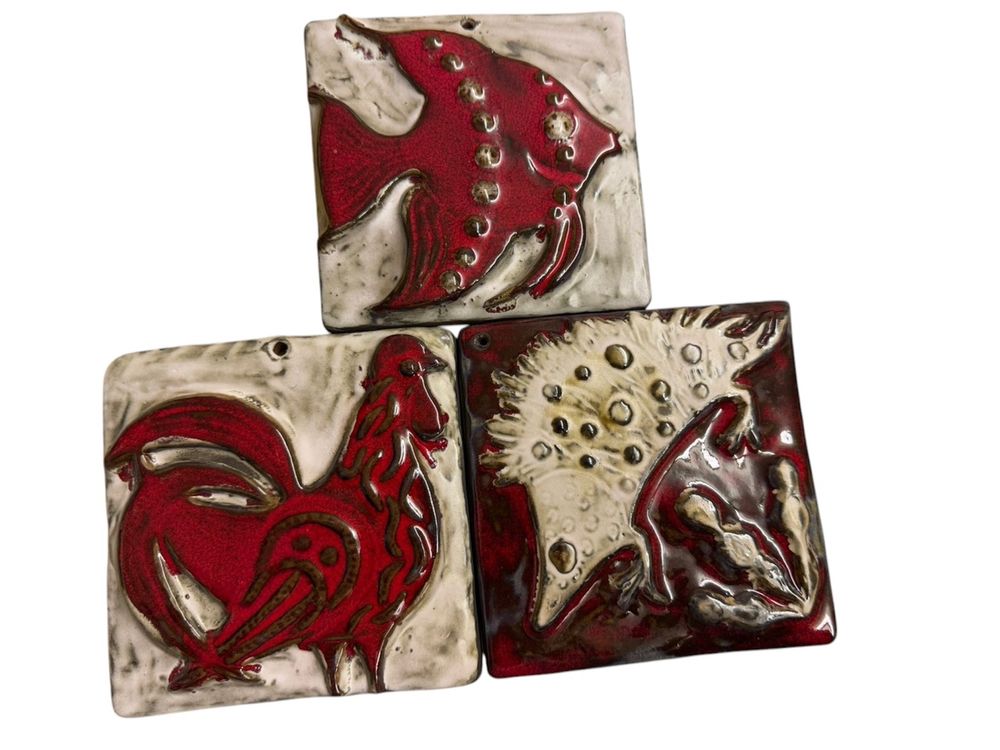 3 Keramik Wandplatten Hahn Fisch Igel Frick Handarbeit Vinta (Gebraucht ...
