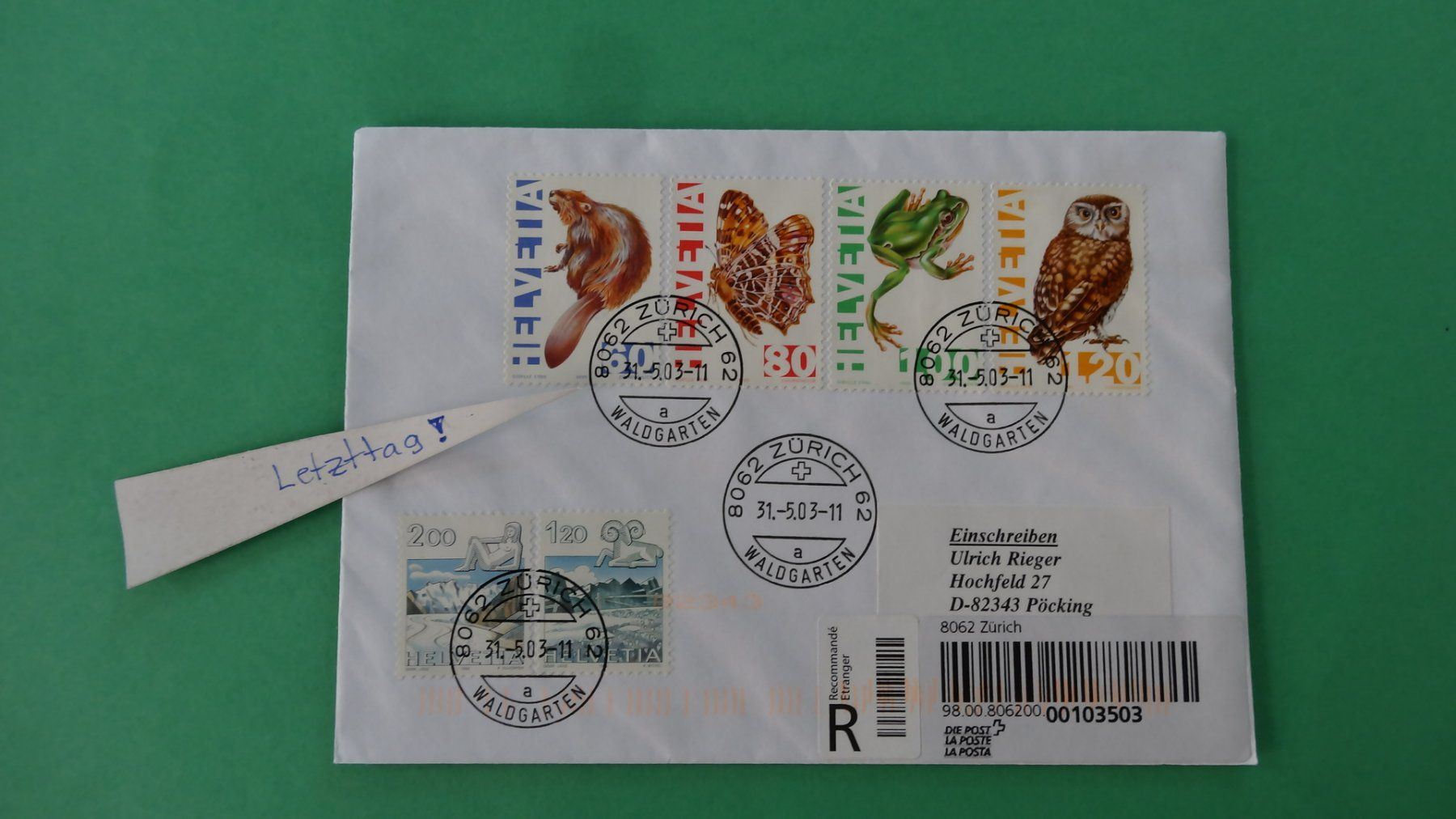ZÜRICH 62 Waldgarten R-Brief Letzttag !! 31.5.03 28 (Gebraucht) in ...