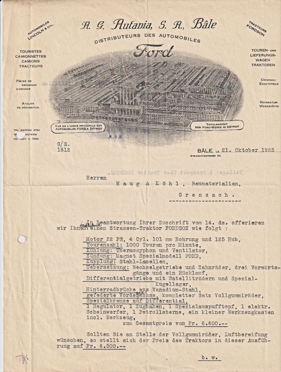 1925, Basel, Litho Briefkopf, Ford Auto, Autavia, Rechnung | Kaufen auf Ricardo