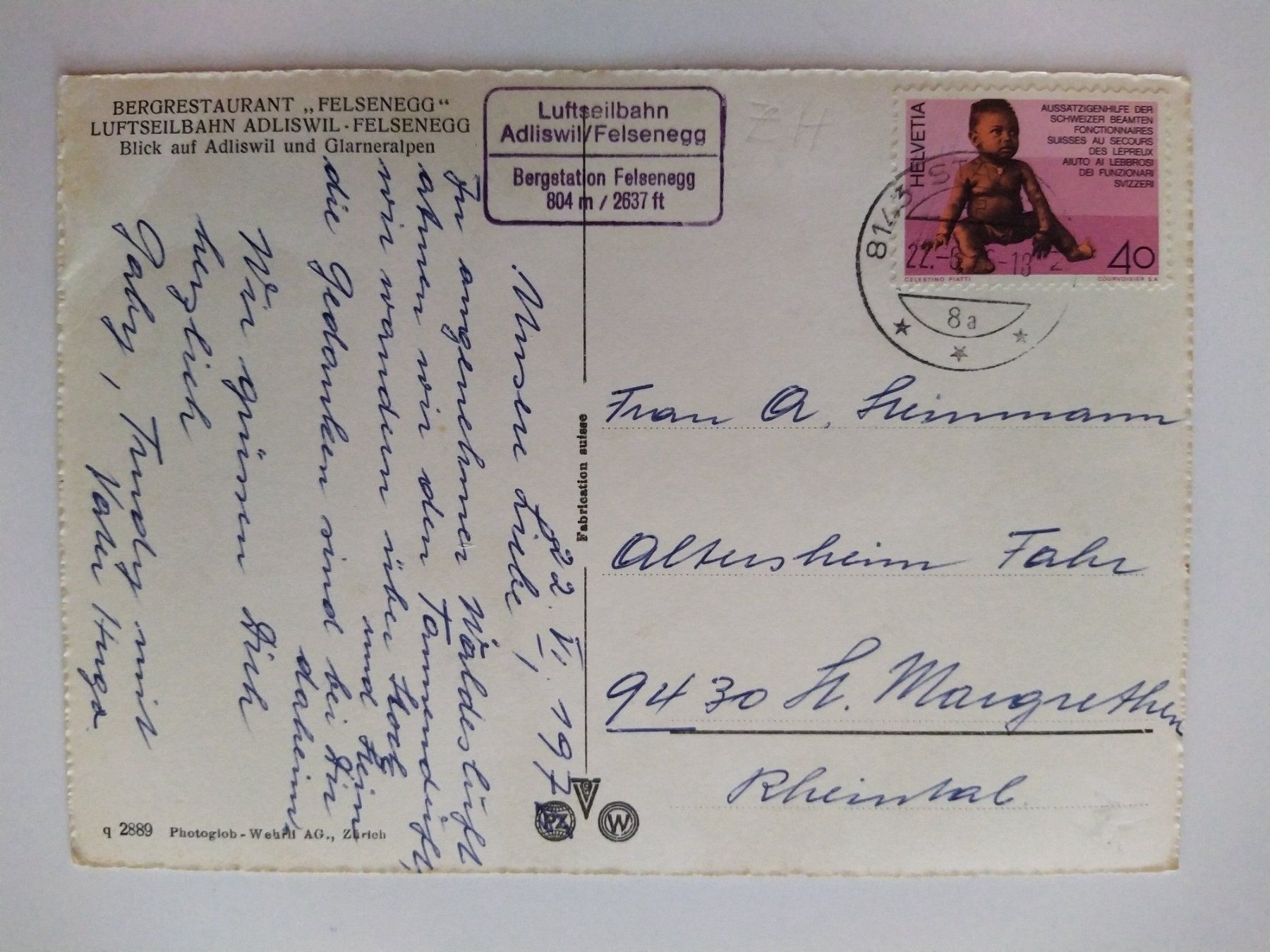 3 Bild AK Felsenegg, Adliswil, Rarität, Top! dat. 1976 (Gebraucht) in Ohmstal für CHF 9 – mit ...