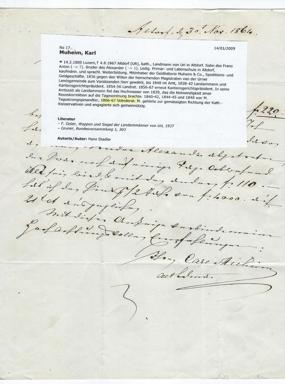 Altdorf 1864: Muheim Karl Ständerat (Gebraucht) in Hünenberg für CHF 17 ...