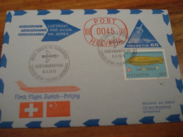 4 Aerogramme 1975, Erstflüge Zch/Gve-China, gelaufen (Gebraucht) in ...
