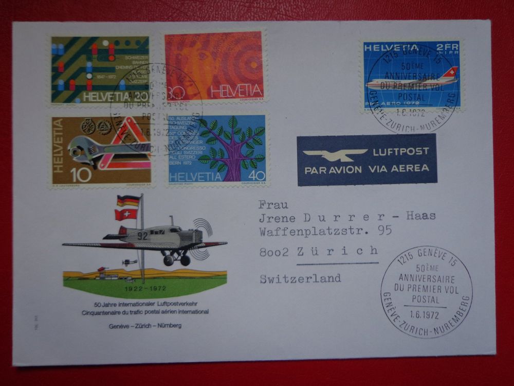 Brief 1972 LUFTPOST FLUGPOST Genève-Zürich-Nuremberg (Gebraucht) in Le Locle für CHF 1 – mit ...
