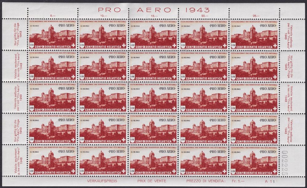 1943, Pro Aero F36 (FO36), kompletter Bogen ** SBK: 275.-+ (Gebraucht) in Sursee für CHF 85 ...