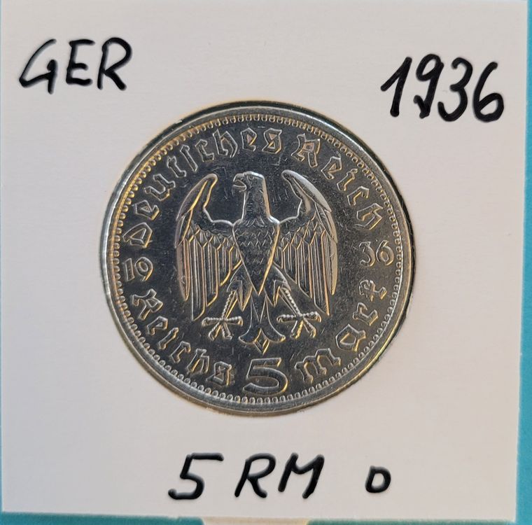 5 ReichsMark 1936 D Silber "Nazi-Deutschland" TopErhaltung (Gebraucht) in Oberriet SG für CHF 12 ...
