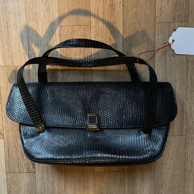 1940s 1950s vintage black leather handbag with lizard print (Gebraucht ...