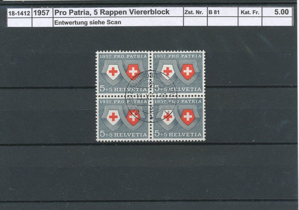 1957 Pro Patria - 5 Rp., Viererblock (Gebraucht) in Winterthur für CHF 1 – mit Lieferung auf ...