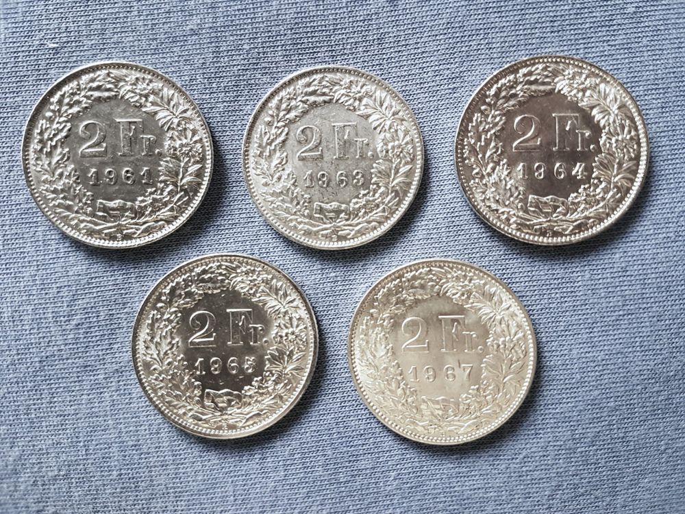 5 x 2 Fr Silbermünzen 1961 bis 1967 komplette Serie ab 1 Fr! | Kaufen auf Ricardo
