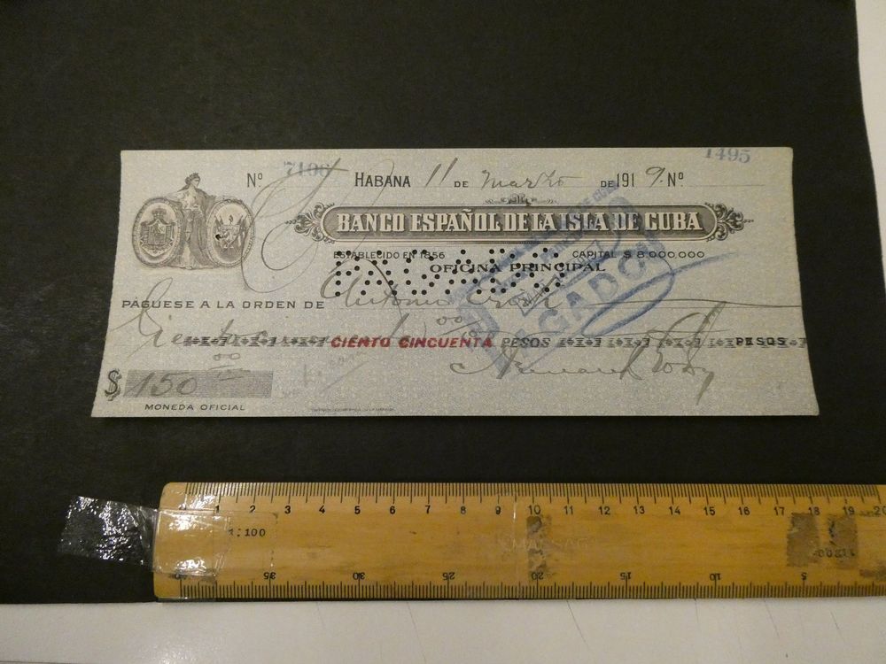 Cuba 1919, Banco Espanol de las Isla de Cuba, Bankcheck (Gebraucht) in ...