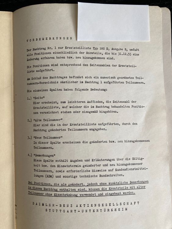 Mercedes-Benz TYP 180 D Ersatzteilliste Oldtimer Rarität (Gebraucht) in ...