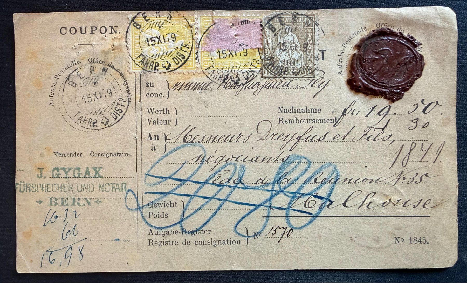 1879 – Nachnahme-Beleg Bern – Mulhouse - mit 1 Fr. Helvetia! (Gebraucht ...