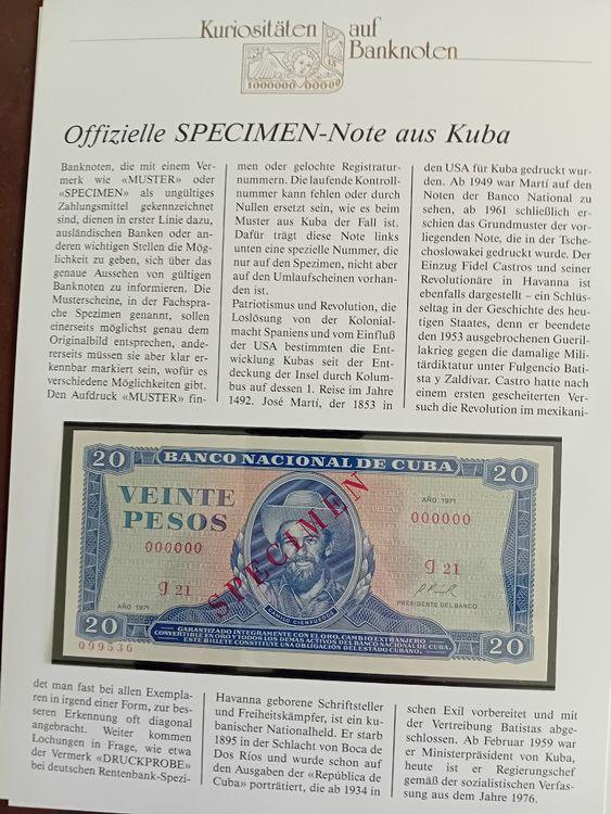 Kuriositäten auf Banknoten Cuba Specimen Note (Neu (gemäss Beschreibung)) in Muralto für CHF 40. ...
