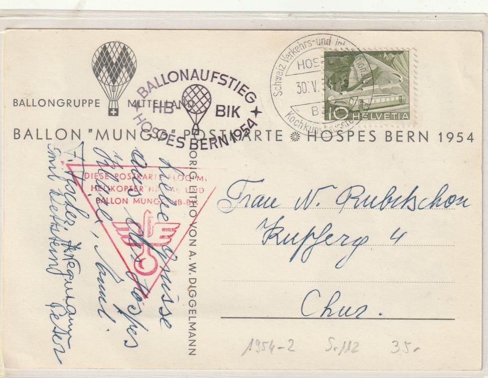 Ballonpost Mung Bern 1954 (Gebraucht) in Rorschacherberg für CHF 10 – mit Lieferung auf Ricardo ...