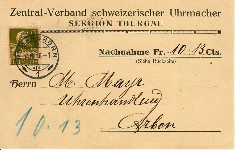 PK, Zentral Verband CH Uhrmacher Sektion Thurgau 1916 (Gebraucht) in ...