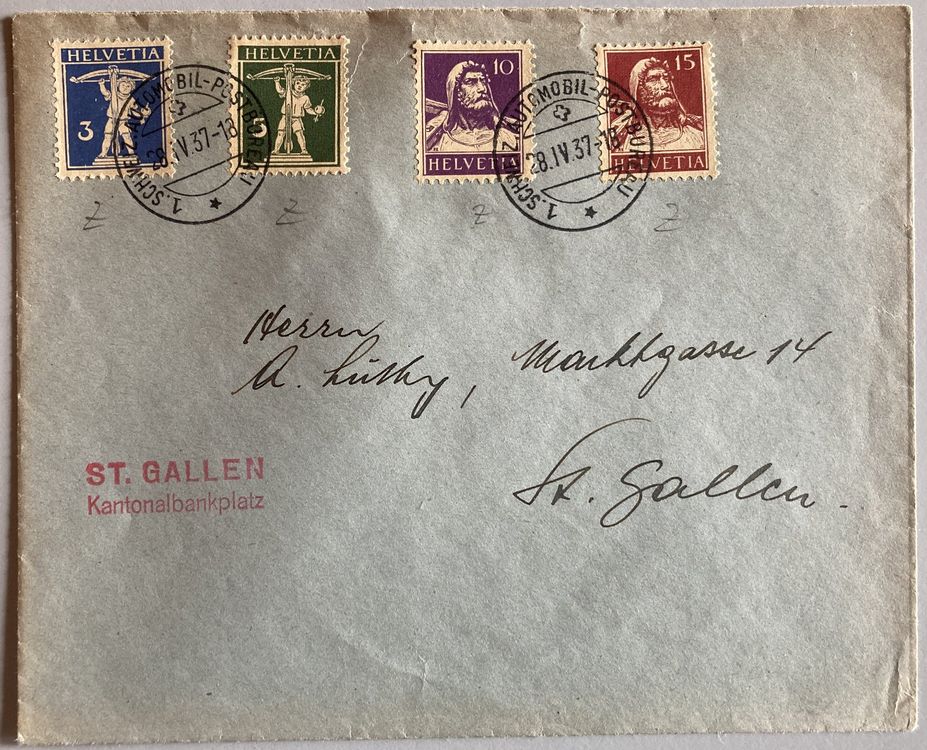 1937, Tellenbeleg mit geriffelten z-Ausgaben, SBK 385 Fr. (Gebraucht) in Flawil für CHF 39 – mit ...