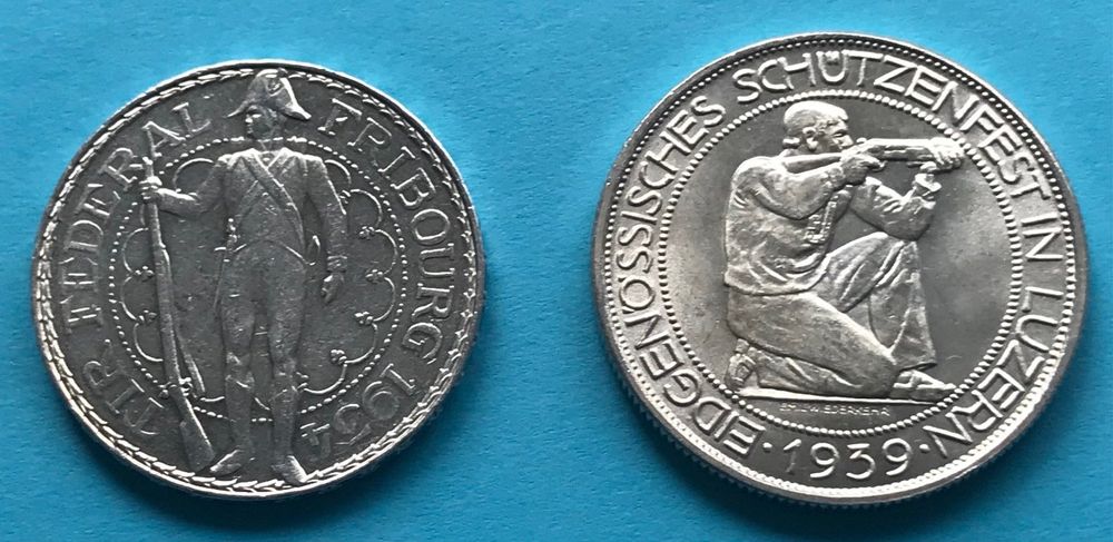 2 Schweizer Silber 5 Franken-Schützentaler FRIBOURG/LUZERN (Gebraucht) in Zuerich für CHF 39 ...