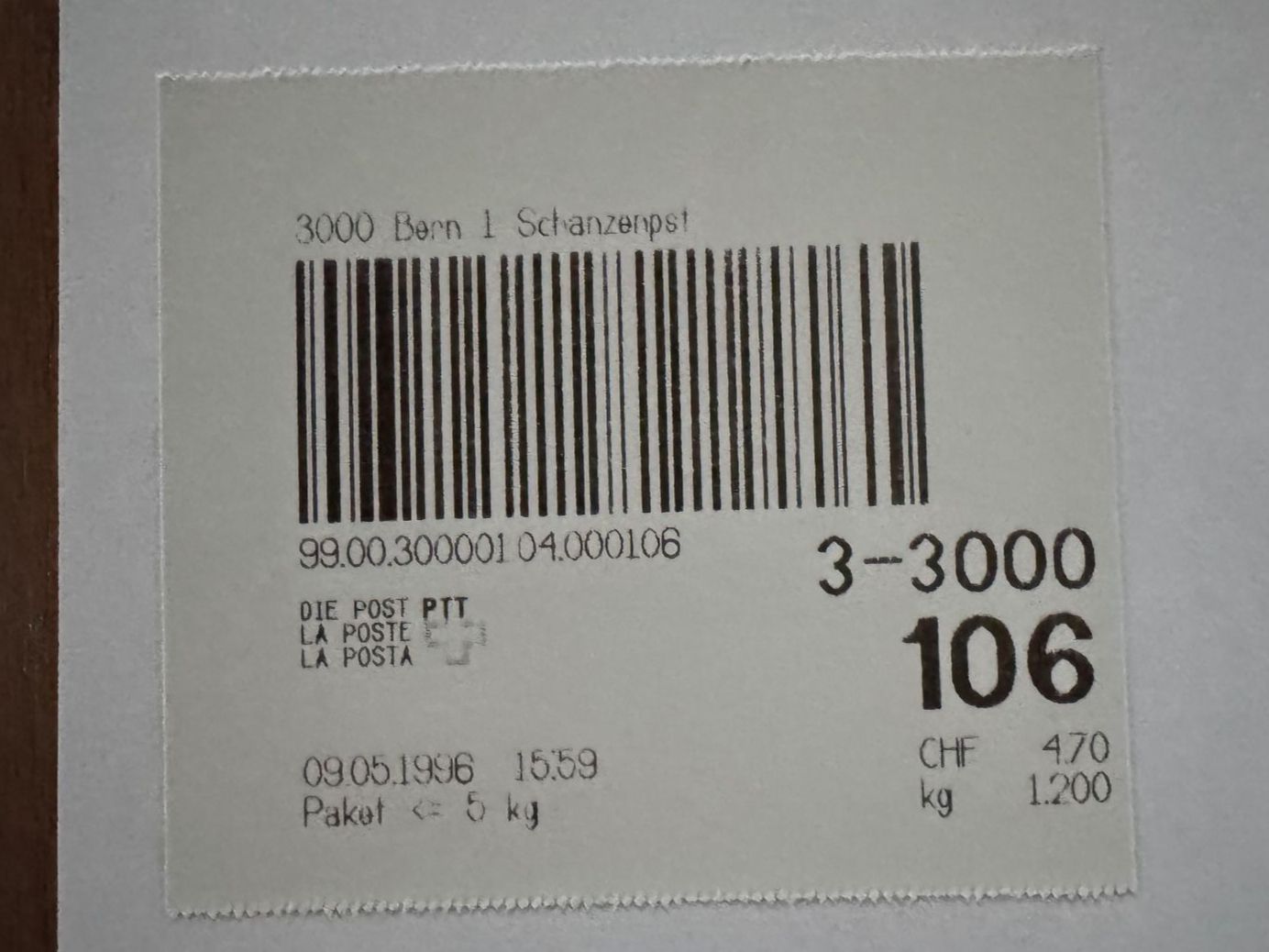 1996, Test Paketbarcode, 3000 Bern 1, aus Schalterterminal (Gebraucht ...