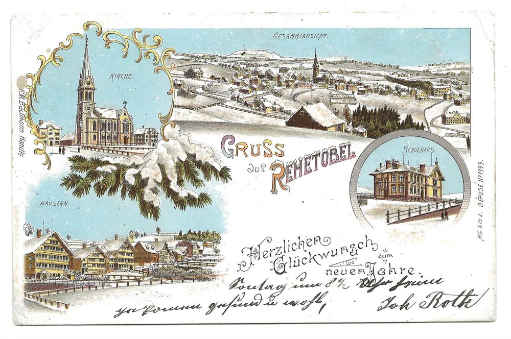 Gruss aus Rehetobel (AR) Neujahr - Glimmer - Litho - um 1900 | Kaufen auf Ricardo