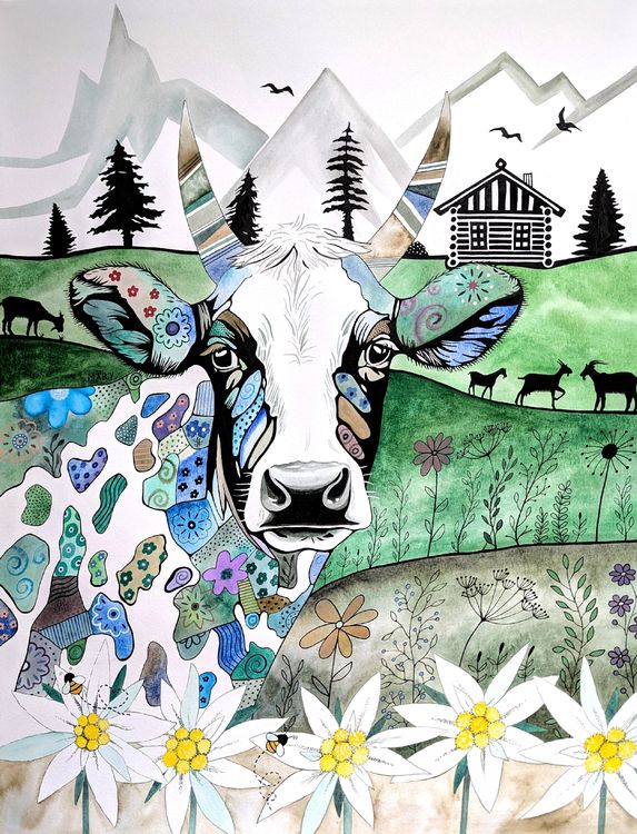 Original Aquarell und Tusche die moderne Kuh Bild Alpen (Neu und originalverpackt) in Wittenbach ...