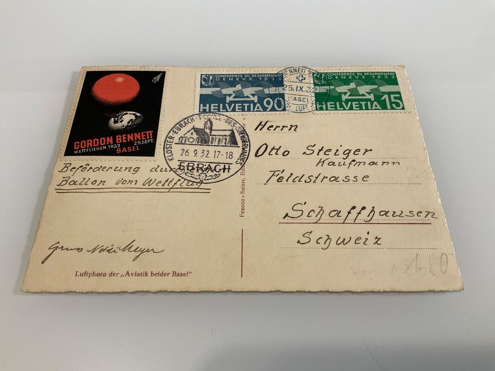 1932 Zunr. F16+F18 Ballon über Basel Karte mit Vignette | Kaufen auf ...