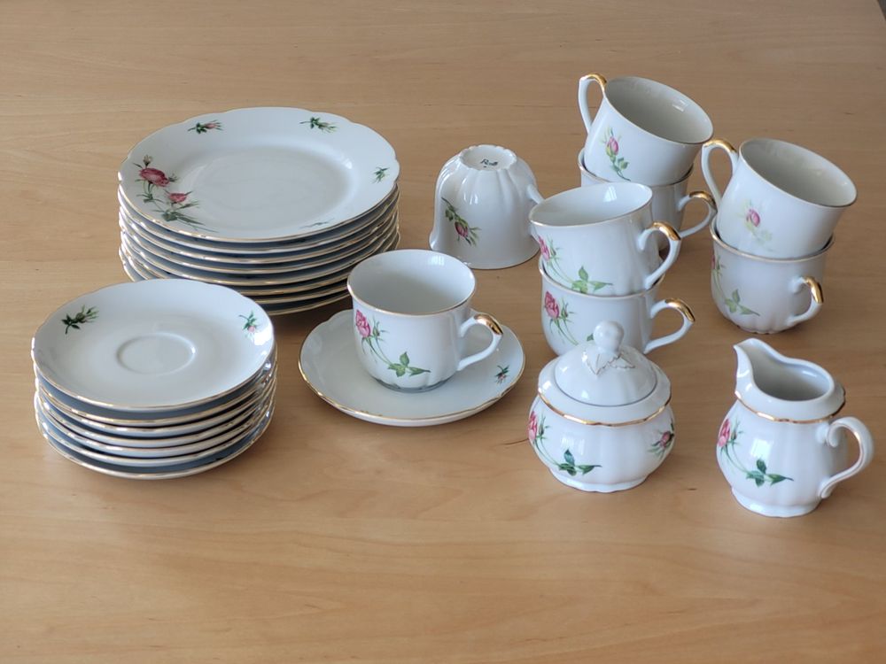 Kaffeeservice Kaffee Geschirr "Rosen mit Goldrand" 27-teilig | Kaufen auf Ricardo