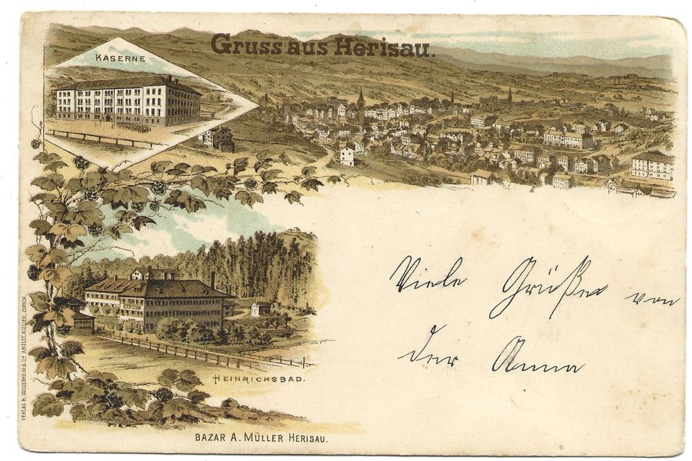 Gruss aus Herisau AR Kaserne Heinrichsbad uralte Litho 1899 | Kaufen auf Ricardo