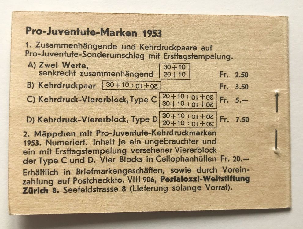 Pro Juventute 1953 Markenheft 2 ** braun | Kaufen auf Ricardo