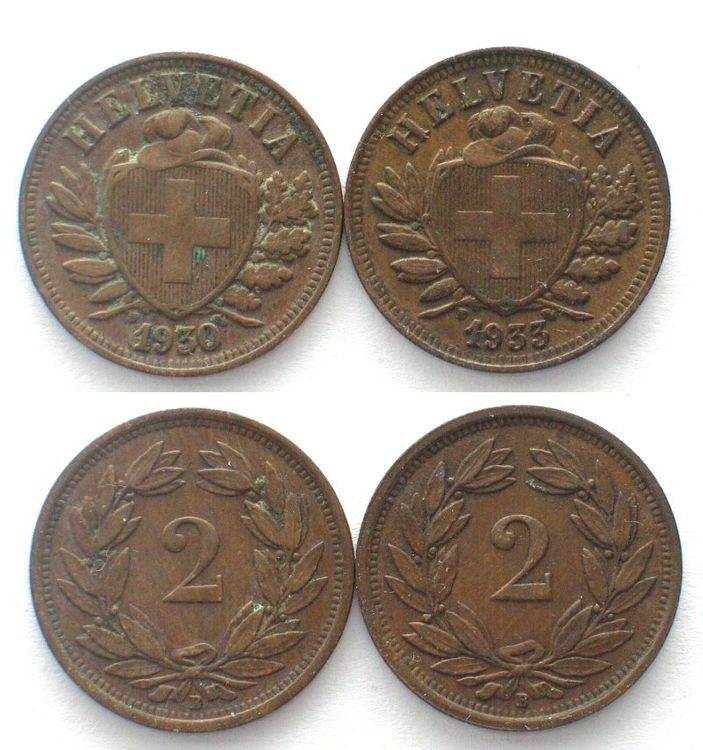 SCHWEIZ 2 x 2 Rappen, 1930 und 1933 (Gebraucht) in Riehen für CHF 6 – mit Lieferung auf Ricardo ...