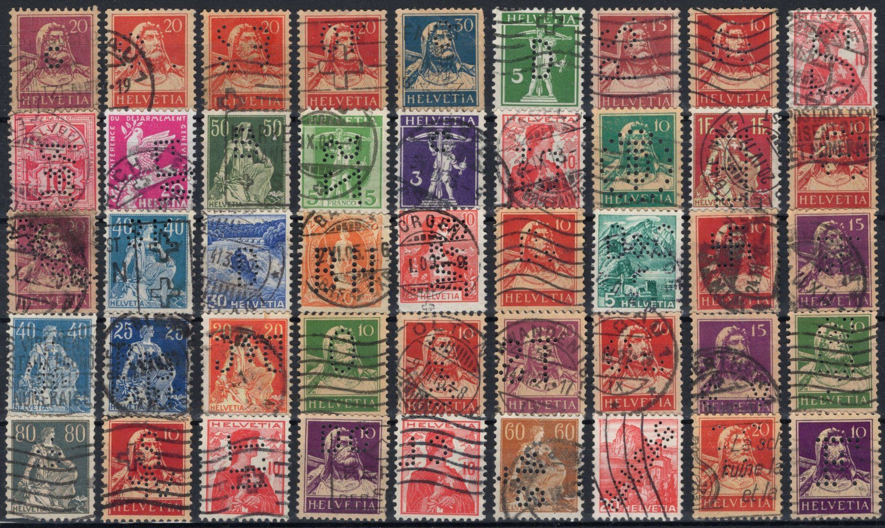 45 Schweizer Perfin Marken auf grosser Steckkarte (Gebraucht) in ...