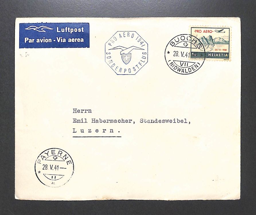 1941 Flugpost F35 Pro Aero "SONDERPOSTFLUG" BUOCHS-PAYERNE (Gebraucht) in Zürich für CHF 5 – mit ...