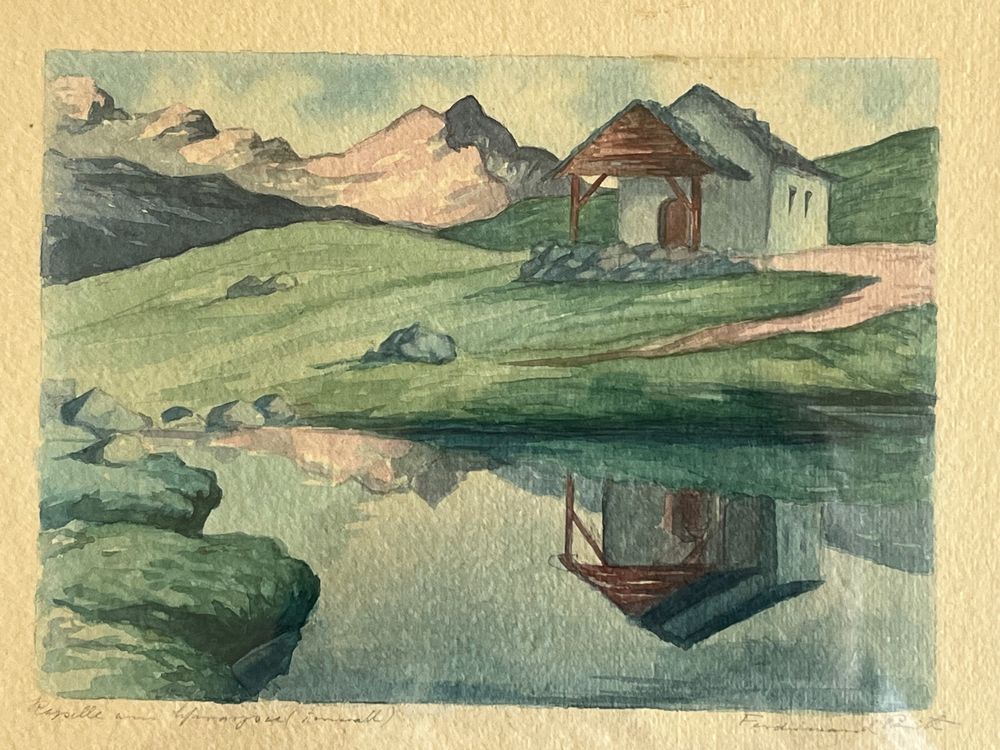 Vintage Schweizer Alpen Landschaft Aquarell Malerei Gerahmt (Gebraucht) in Basel für CHF 97 ...