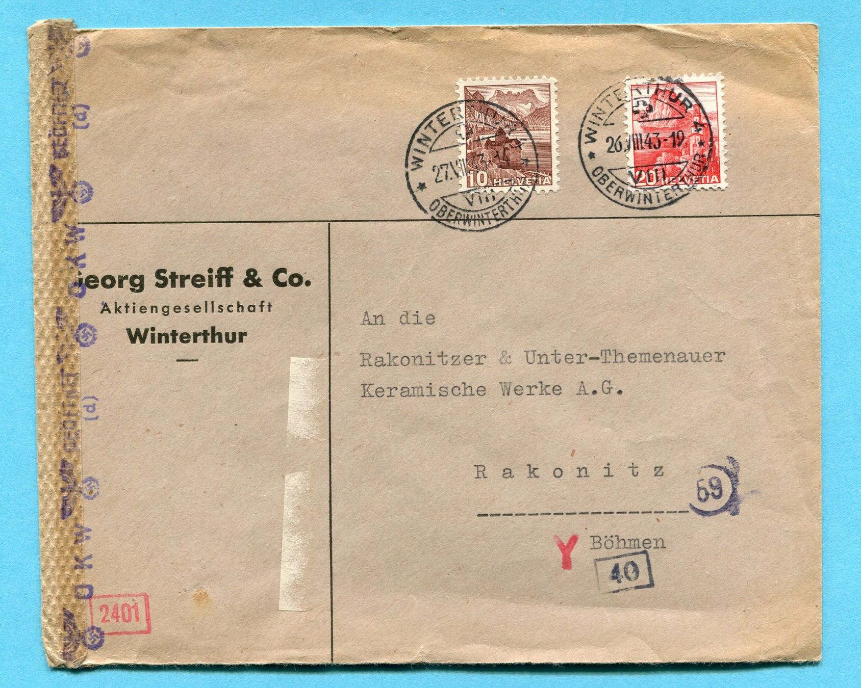 Zensurbrief von Winterthur nach Rakonitz (Böhmen) 1943 (Gebraucht) in ...