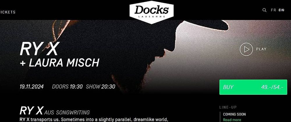 2 billets Concert RY X + Laura M Les Docks Lausanne 19Nov (Gebraucht) in Genève für CHF 40 – nur ...