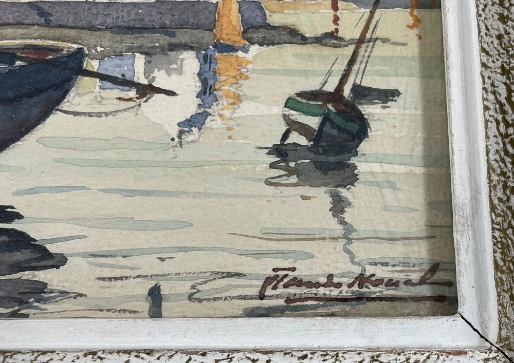 Meer Ufer Szene mit Booten Aquarell unleserlich Signiert (Gebraucht) in ...