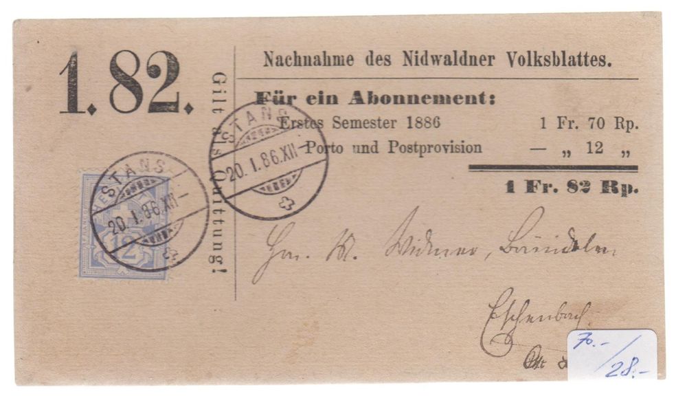 Type chiffre 62A sur carte 1886 (Gebraucht) in Boécourt für CHF 4 – mit ...