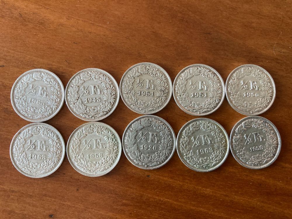 Schweizer Silbermünze 10 x 50 Rappen div. Jahrgänge (Gebraucht) in Subingen für CHF 19 – mit ...