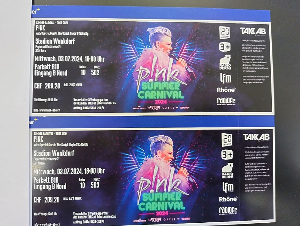 Pink Tickets 2 Sitzplätze (Neu und originalverpackt) in Hochfelden für ...