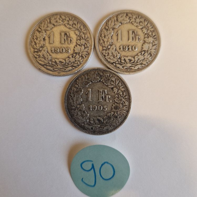 3 Silbermünzen 1 Franken Helvetia 1905 1909 1910 | Kaufen auf Ricardo
